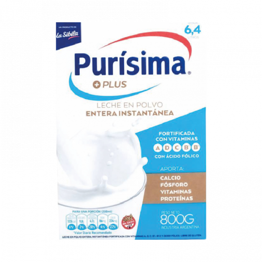 LECHE EN POLVO PURISIMA PLUS ENTERA 800 GRS
